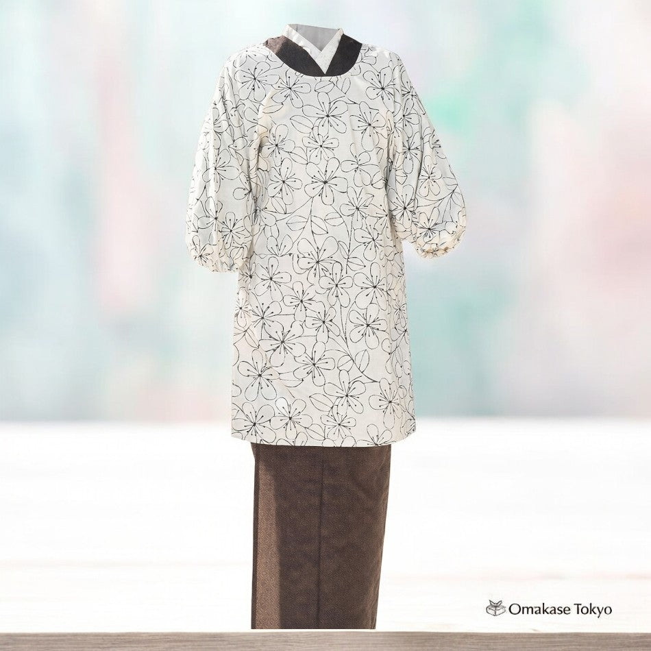 Kyoto Kimono-cho Long Kappogi Apron – Beige Floral – Omakase Tokyo